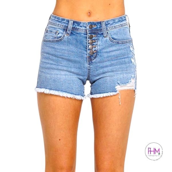 Betsy Button Fly Distressed Denim Shorts 🩵 The Pretty Hot – The Pretty ...
